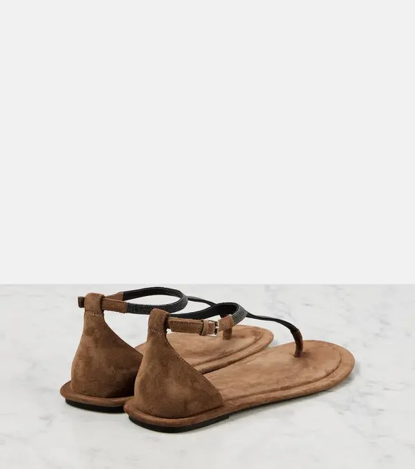 Brunello Cucinelli Monili Suede Thong Sandals - Beige