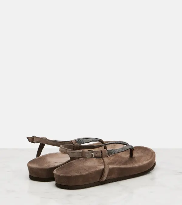 Brunello Cucinelli Monili Suede Thong Sandals - Brown