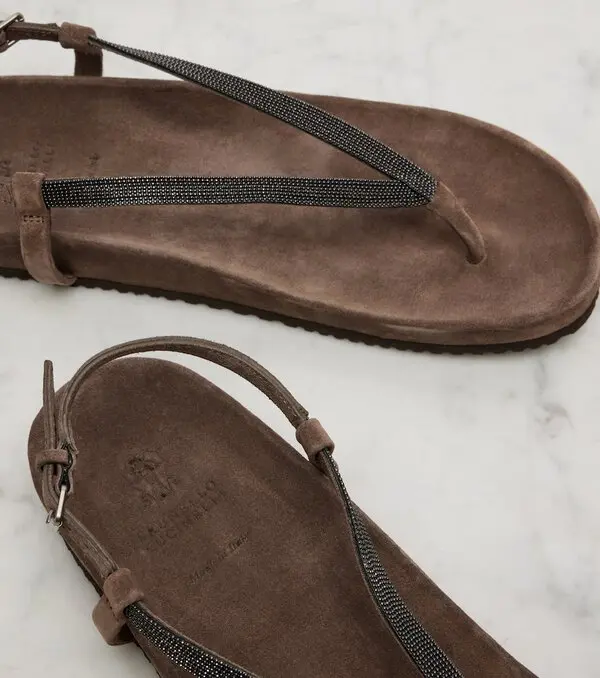 Brunello Cucinelli Monili Suede Thong Sandals - Brown