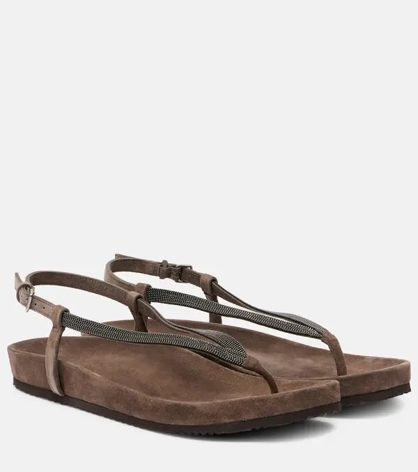 Brunello Cucinelli Monili Suede Thong Sandals - Brown