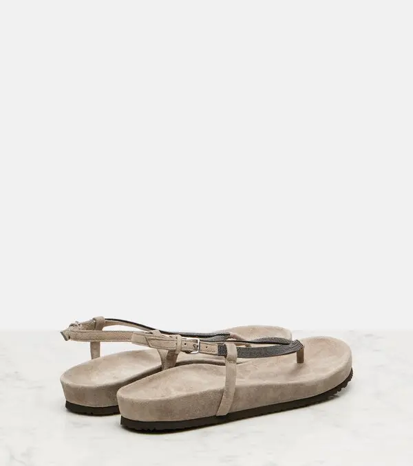 Brunello Cucinelli Monili Suede Thong Sandals - Grey