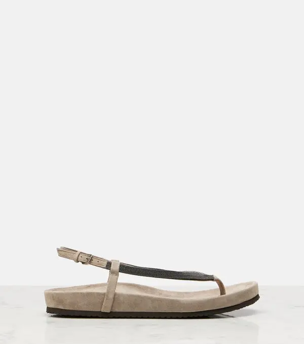 Brunello Cucinelli Monili Suede Thong Sandals - Grey