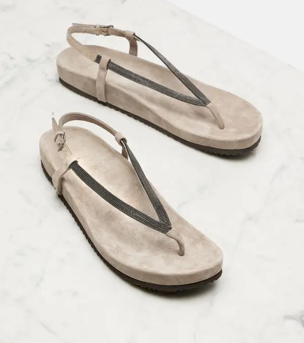 Brunello Cucinelli Monili Suede Thong Sandals - Grey