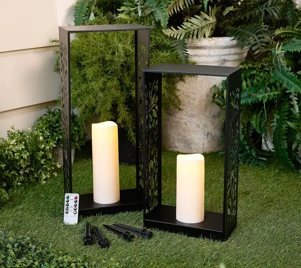 GARDEN REFLECTIONS As Is S/2 Metal Lanterns W/ Candles - One-color