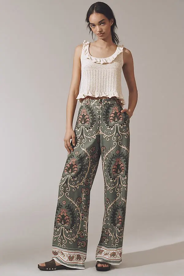 Sanctuary Printed Linen Blend Trouser Pants - Green Pattern