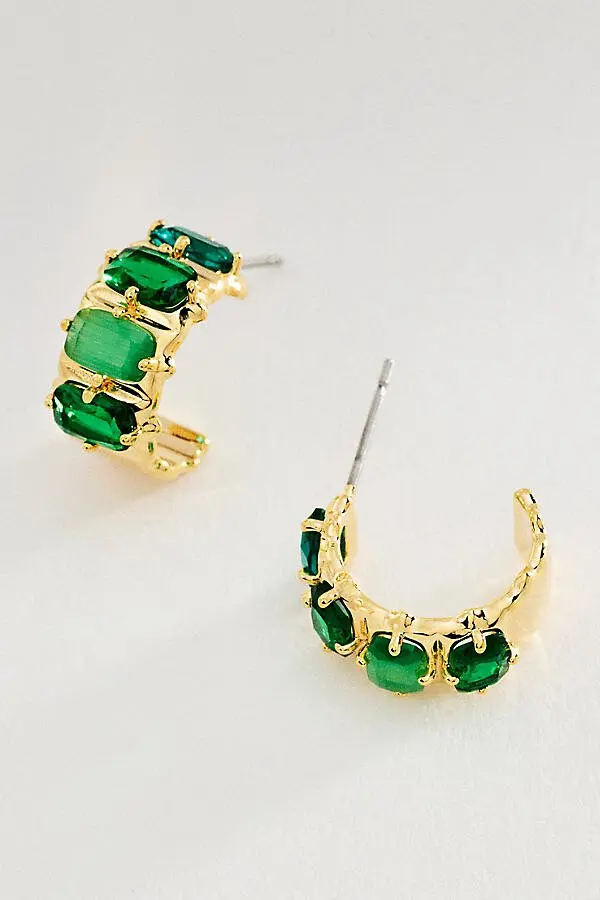Anthropologie Crystal Baguette Huggie Hoop Earrings - Emerald Green