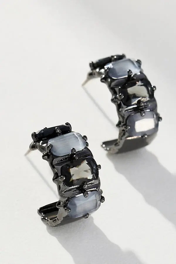 Anthropologie Crystal Baguette Huggie Hoop Earrings - Gunmetal