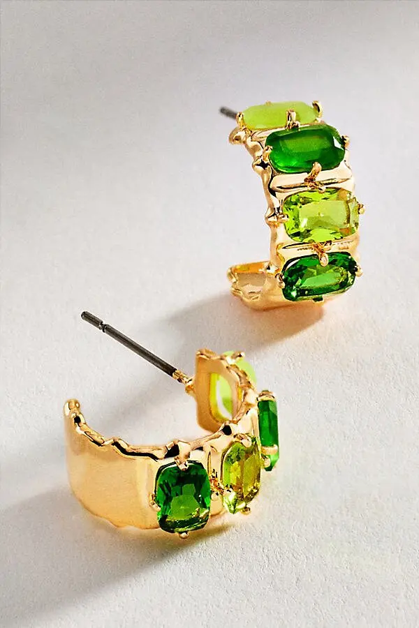 Anthropologie Crystal Baguette Huggie Hoop Earrings - Lime