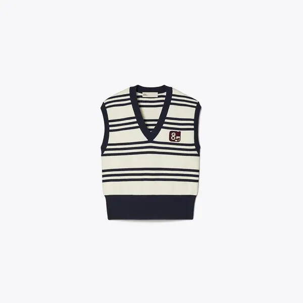 Tory Burch V-neck Wool Sweater Vest - New Ivory City Stripe