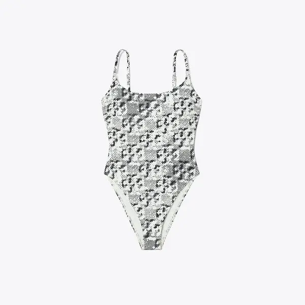 Tory Burch Gemini Link One-piece Swimsuit - New Ivory Distressed Pixelated Logo