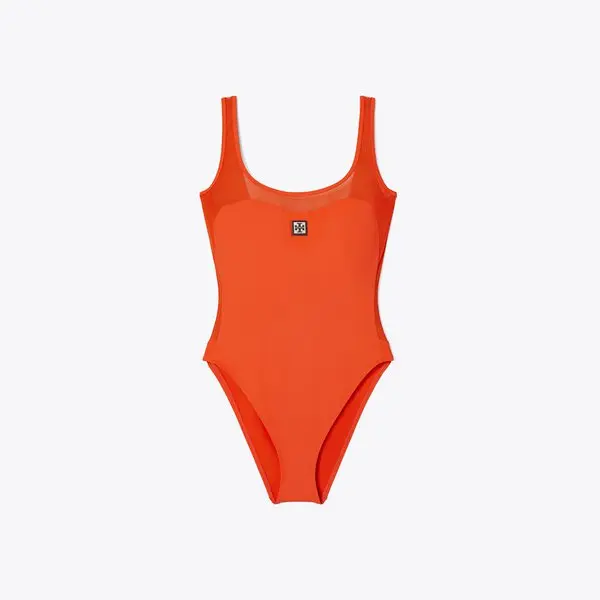 Tory Burch Mesh Neckline Tank Swimsuit - Deep Poppy