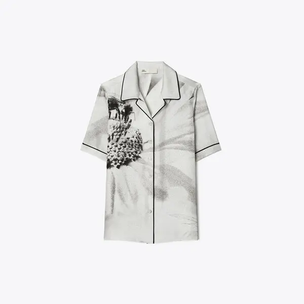 Tory Burch Printed Camp Shirt - Gray Bee