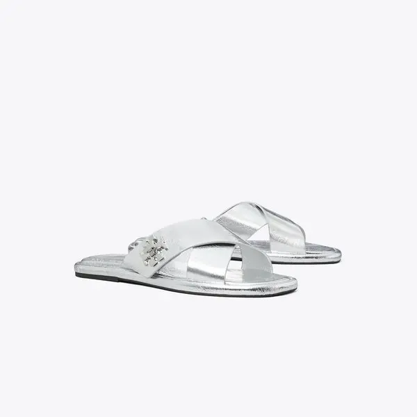 Tory Burch Turnlock Cross-band Slides - Shiny Silver