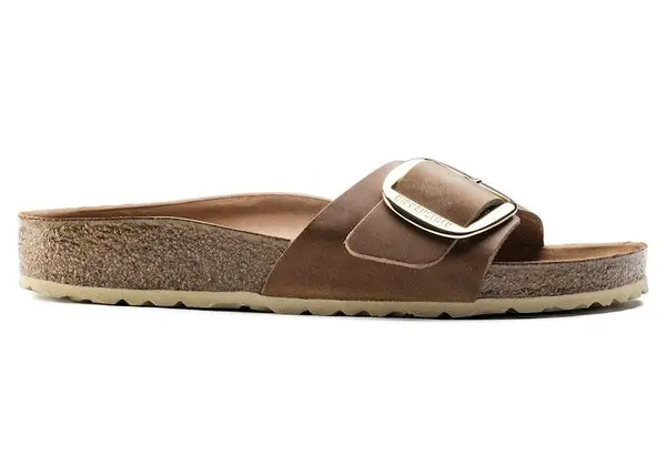 BIRKENSTOCK Madrid Big Buckle Oiled Leather Slides - Cognac