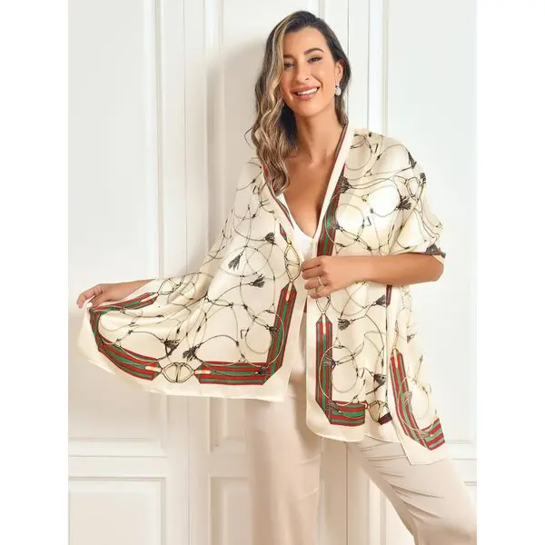 SILKSILKY Silk Printed Rectangular Long Stole Scarf - Beige