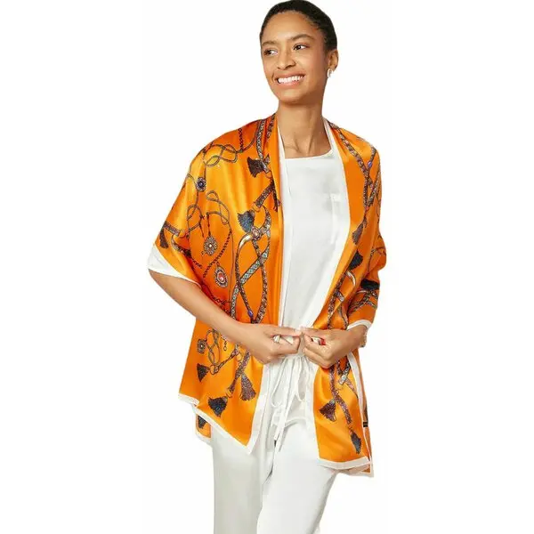SILKSILKY Silk Printed Rectangular Long Stole Scarf - Orange