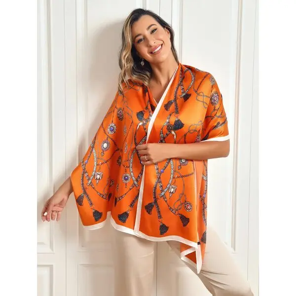SILKSILKY Silk Printed Rectangular Long Stole Scarf - Orange