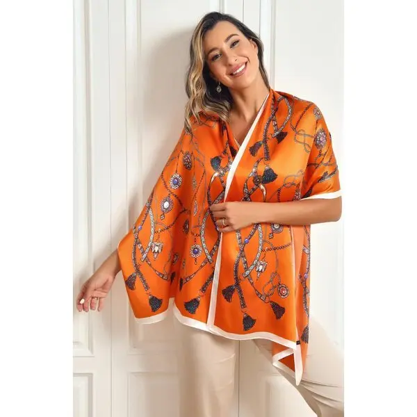 SILKSILKY Silk Printed Rectangular Long Stole Scarf - Orange