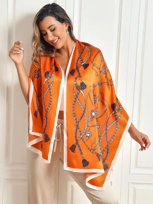 SILKSILKY Silk Printed Rectangular Long Stole Scarf - Orange