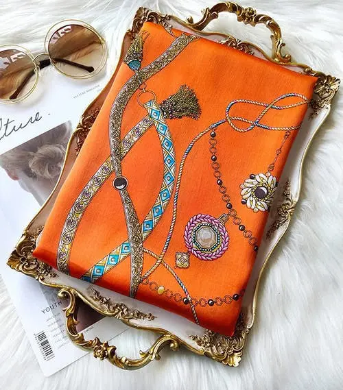 SILKSILKY Silk Printed Rectangular Long Stole Scarf - Orange
