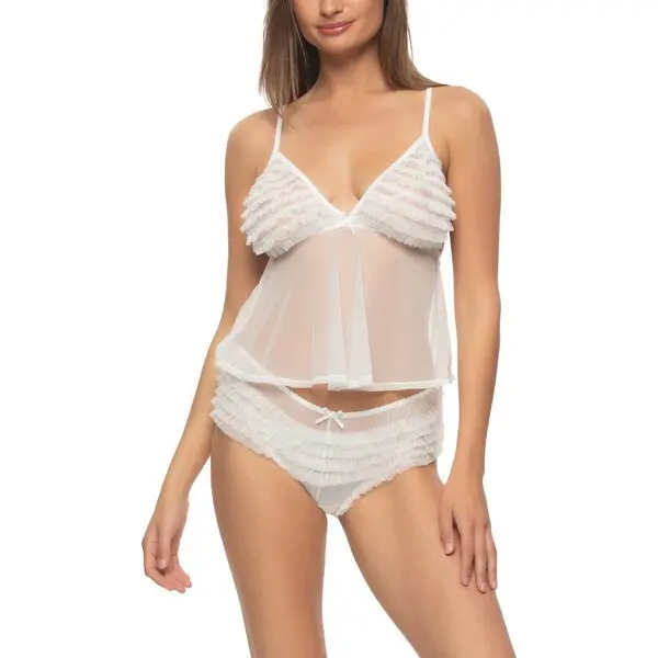 BLACK BOW Veil Ruffle Mesh Camisole & Briefs Set - Cloud Dancer