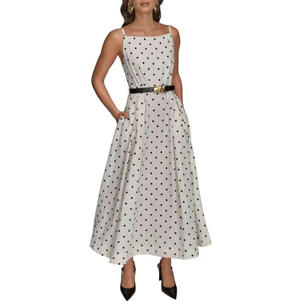 Donna Karan New York Polka Dot Belted Linen Blend Midi Dress In Cream/ Black  - 60% Off | Editorialist