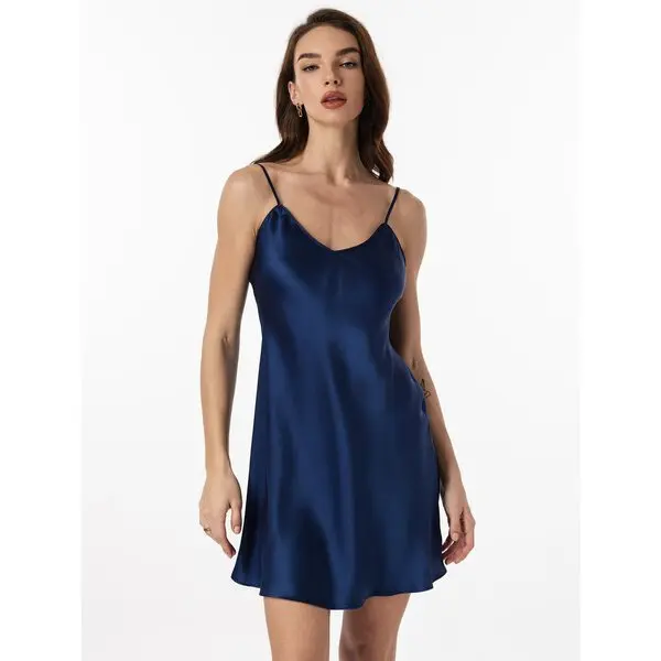 SILKSILKY Pure Silk Slip Dress - Navyblue