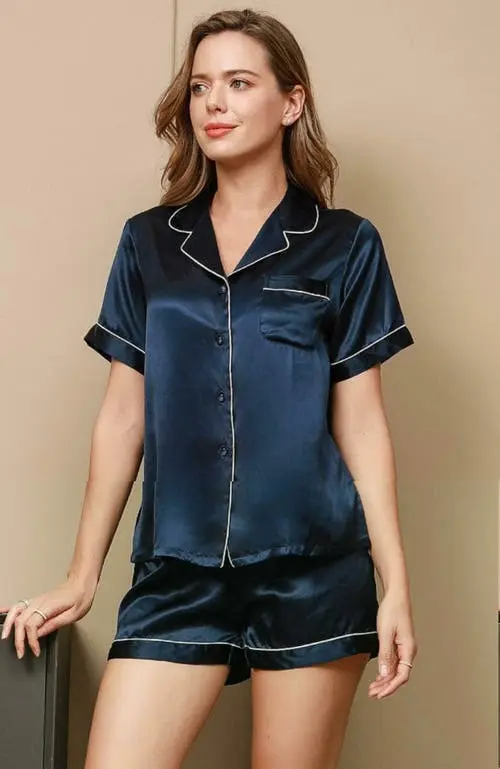 SILKSILKY Pure Silk Pajamas Short Pjs Set 2pcs - Darkblue