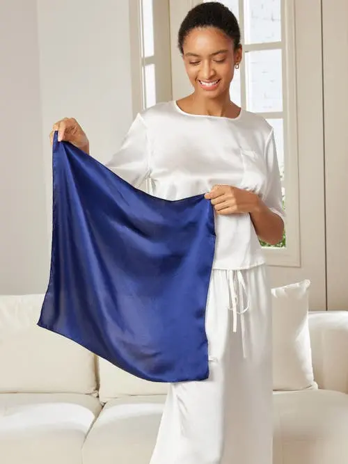 SILKSILKY Pure Silk Solid Color Square Scarf - Darkblue