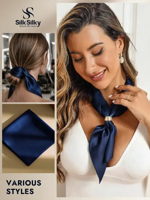 SILKSILKY Pure Silk Solid Color Square Scarf - Darkblue