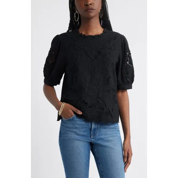 Treasure & Bond Embroidered Cutwork Puff Sleeve Top - Black