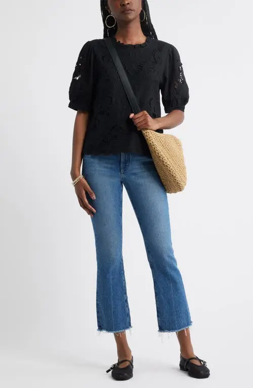 Treasure & Bond Embroidered Cutwork Puff Sleeve Top - Black