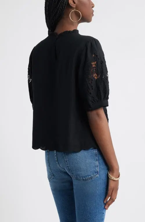 Treasure & Bond Embroidered Cutwork Puff Sleeve Top - Black