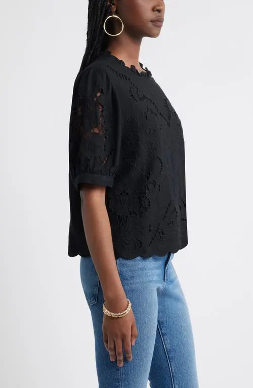 Treasure & Bond Embroidered Cutwork Puff Sleeve Top - Black