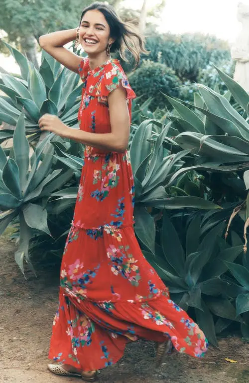 open lace back dress Tala Tiered Jersey Maxi Dress-Blood Orange, Botanical Charm