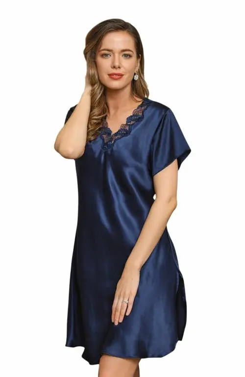 SILKSILKY Pure Silk Lace Neck Split Hem Nightgown - Darkblue