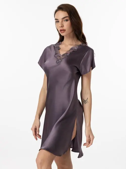 SILKSILKY Pure Silk Lace Neck Split Hem Nightgown - Purplegray