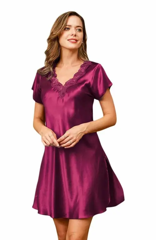 SILKSILKY Pure Silk Lace Neck Split Hem Nightgown - Wine