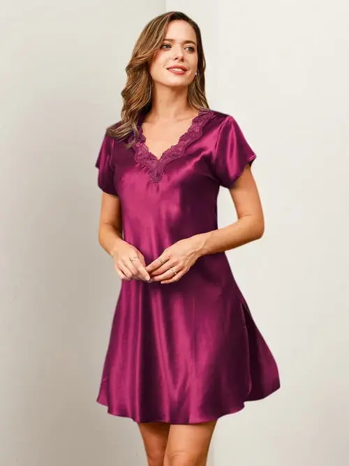 SILKSILKY Pure Silk Lace Neck Split Hem Nightgown - Wine
