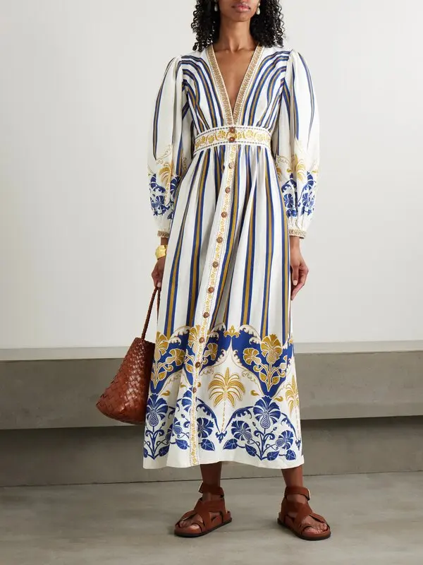 Farm Rio Embellished Printed Linen-blend Midi Dress