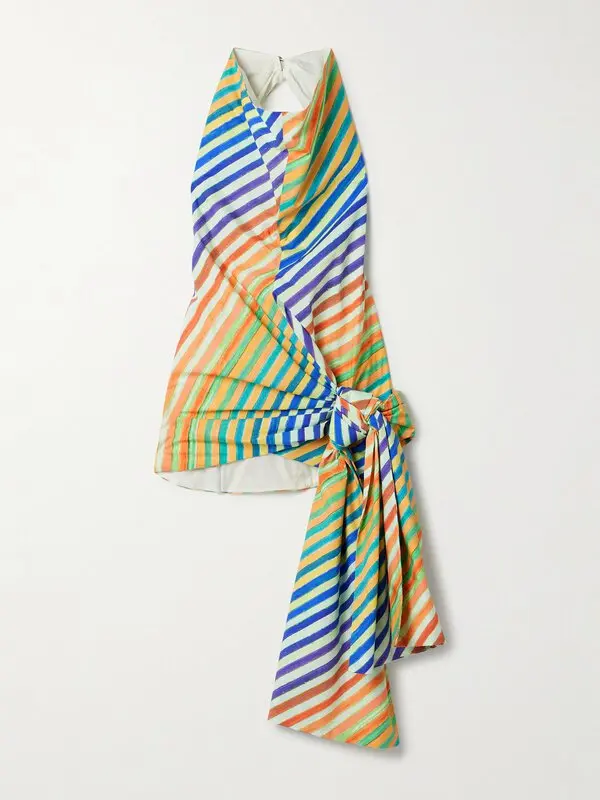 Christopher John Rogers Crayon Knotted Striped Cotton-poplin Halterneck Top
