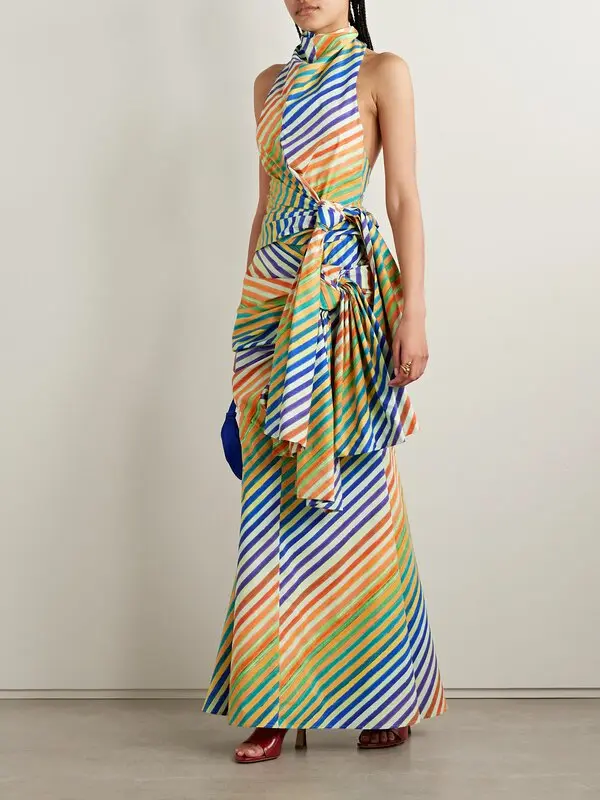 Christopher John Rogers Crayon Knotted Striped Cotton-poplin Halterneck Top