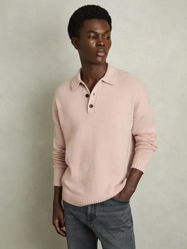 REISS Jacob Wool-blend Long-sleeve Polo Shirt - Soft Pink