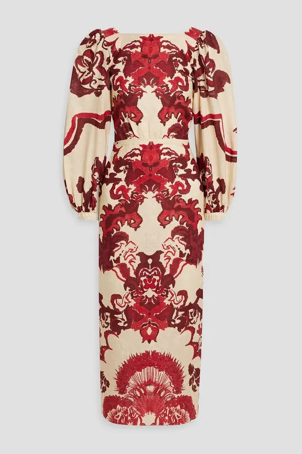 Johanna Ortiz Caribena Printed Linen Midi Dress - Crimson