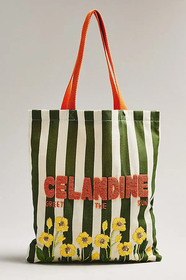 Anthropologie Printed Beaded Canvas Tote Bag - Celandine