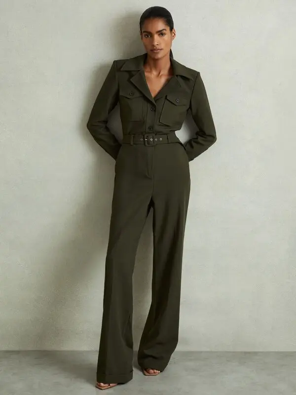 REISS Ray Belted Jumpsuit - Dark Green