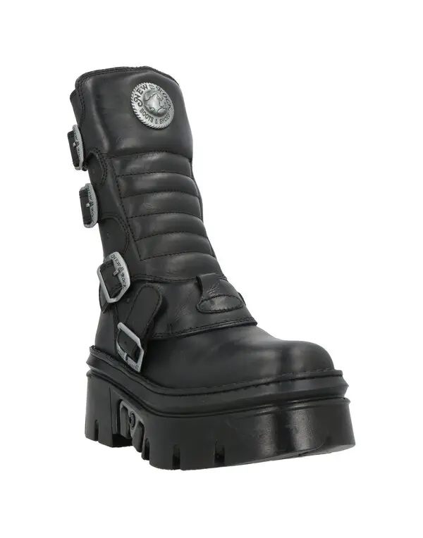NEW ROCK Leather Ankle Boots With Buckle And Zipper Detail