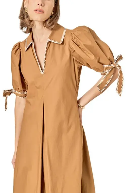 English Factory Contrast Stitch A-line Midi Dress - Brown