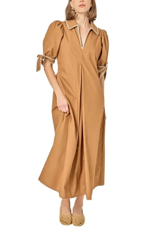 English Factory Contrast Stitch A-line Midi Dress - Brown