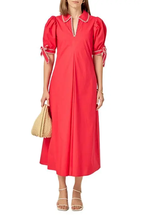 English Factory Contrast Stitch A-line Midi Dress - Red